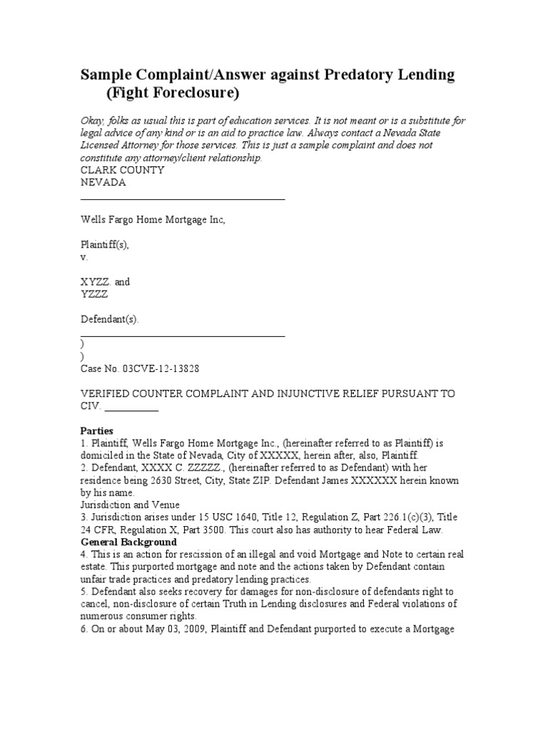 Foreclosure Sample Complaint | PDF | Social Science | Law