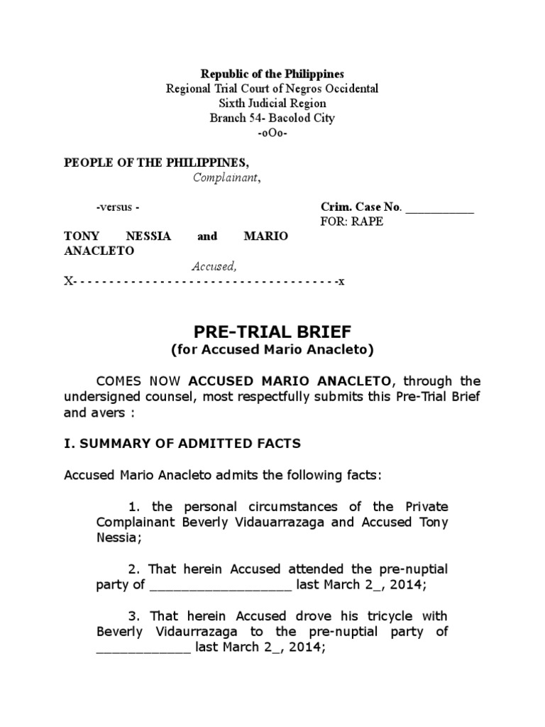Pre Trial Brief Marlon Anacleto | Download Free PDF | Rape | Prosecutor