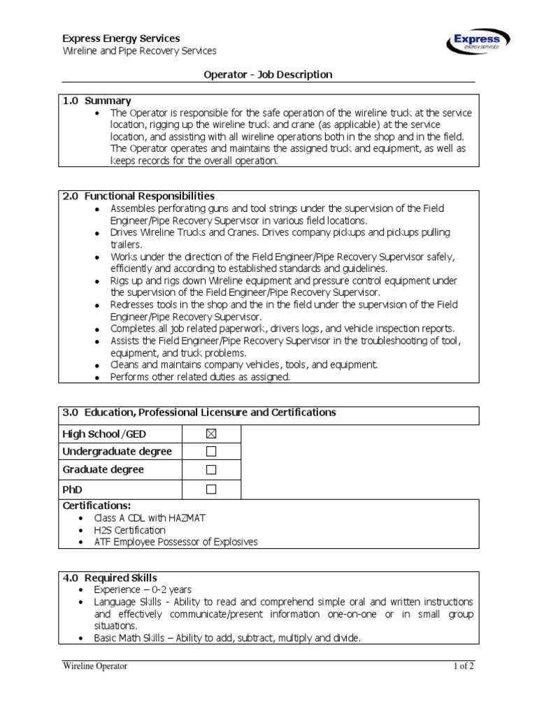 Wireline Operator - Job Description | PDF | Safety | Truck
