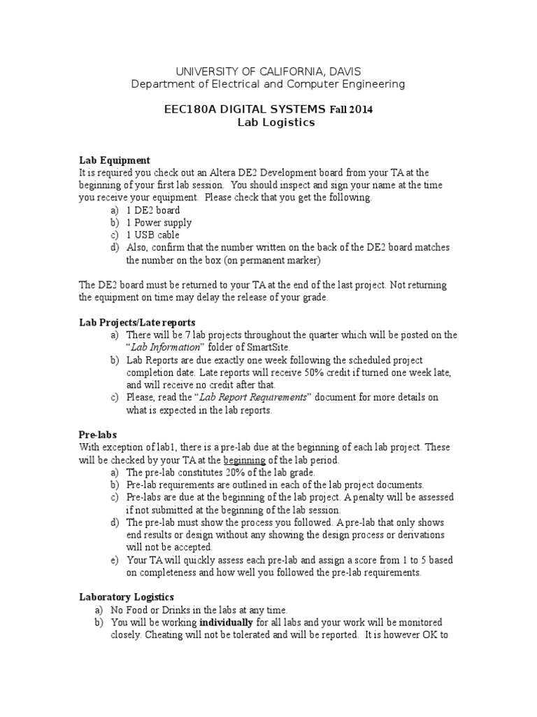 Eec180A Digital Systems Fall 2014 Lab Logistics | PDF | Science ...