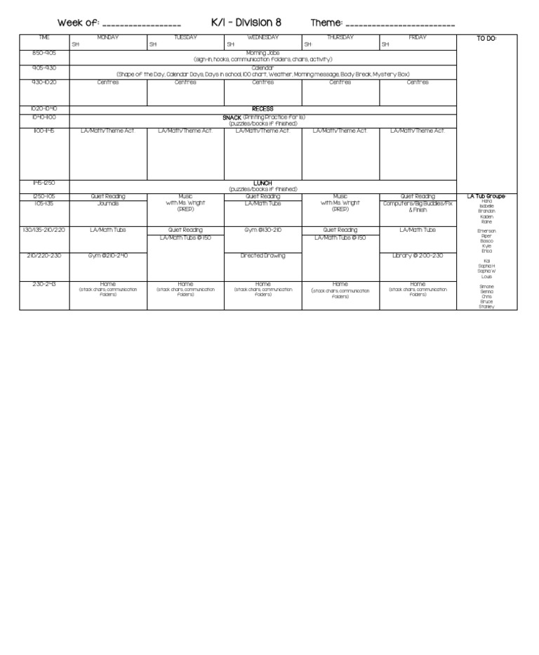 K/1 - Division 8: Week Of: - Theme | PDF