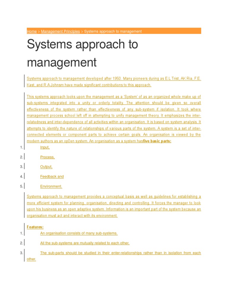 Systems Approach To Management | PDF | Systems Thinking | System