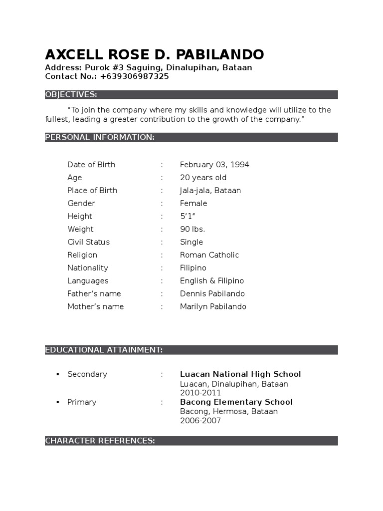 Axcell Rose D. Pabilando: Address: Purok #3 Saguing, Dinalupihan, Bataan Contact No ...