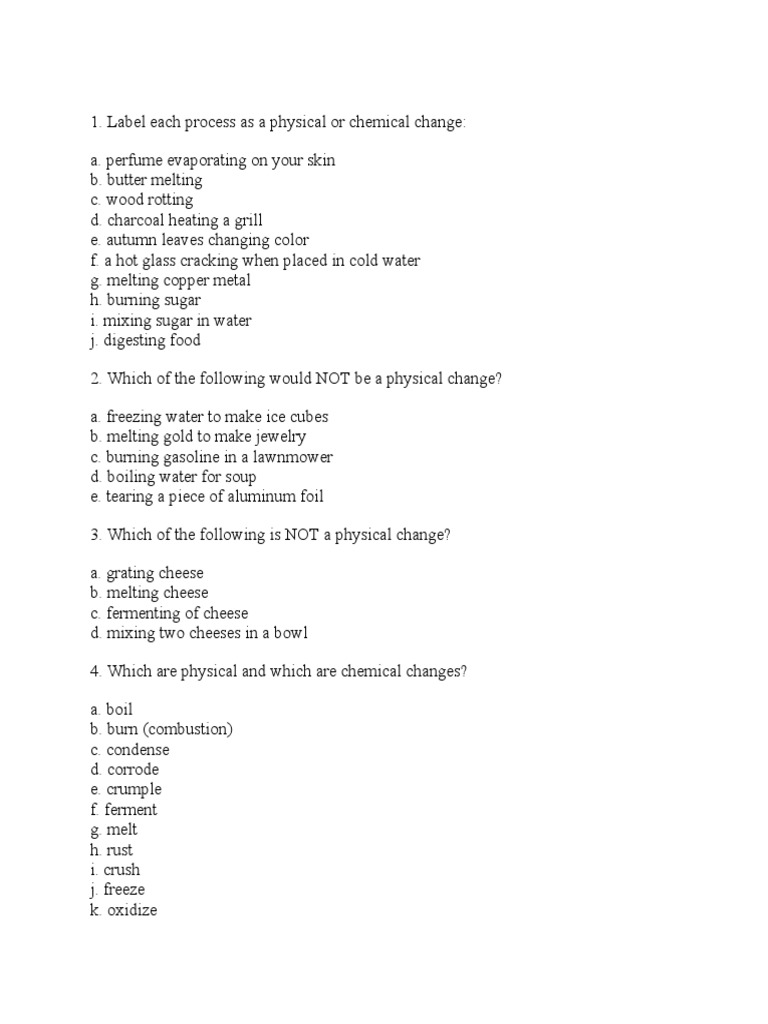 Physical and Chemical Change Worksheet | PDF | Combustion | Hydrogen