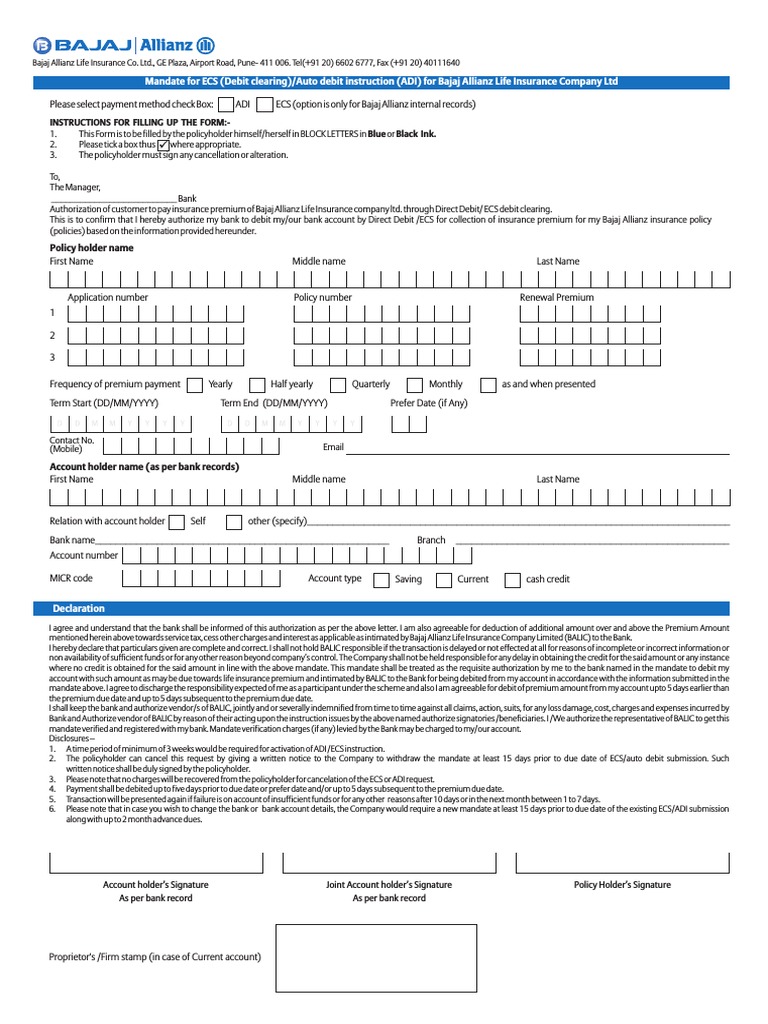 Bajaj Allianz ECS/ADI Mandate Form | PDF | Debit Card | Insurance