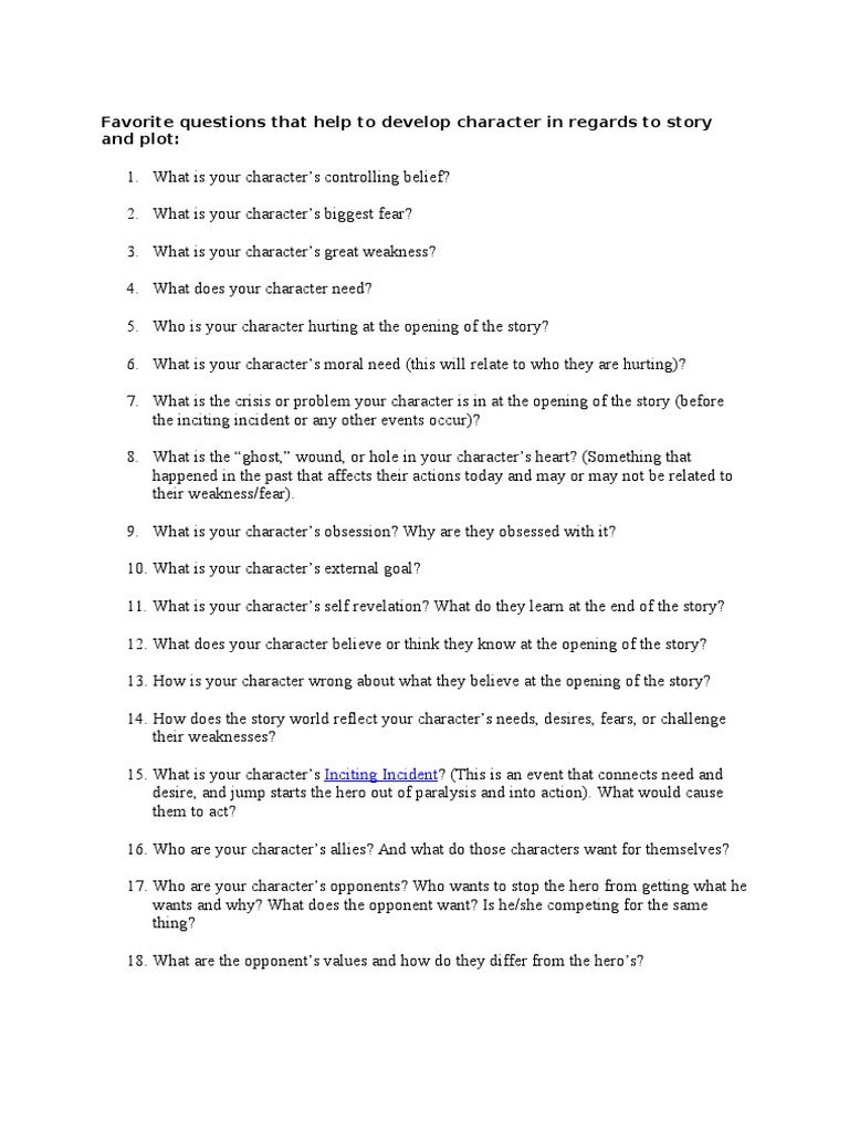 Character Development Questions for Writers | PDF | Plot (Narrative ...