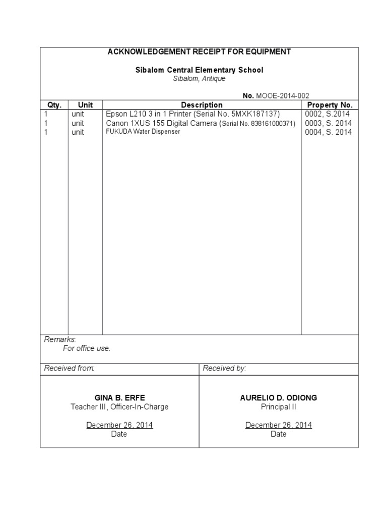 ACKNOWLEDGEMENT RECEIPT FOR EQUIPMENT - Printer & Camera 2014 | PDF ...
