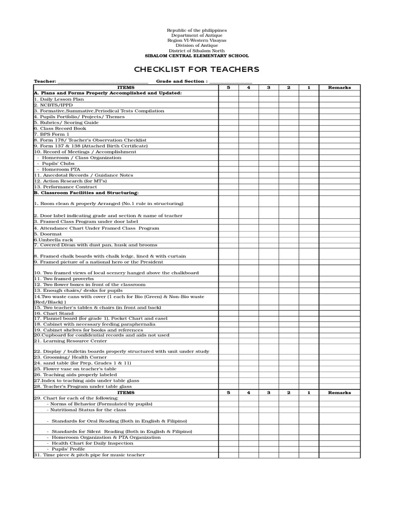 Checklist For Teachers | PDF | Classroom | Teachers
