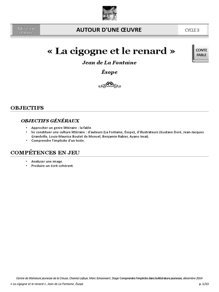 La Cigogne Et Le Renard Jean de La Fontaine, Ésope | PDF | Fable ...