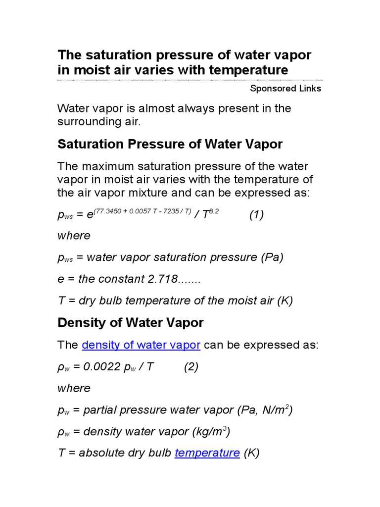Saturation Pressure of Water Vapor | PDF