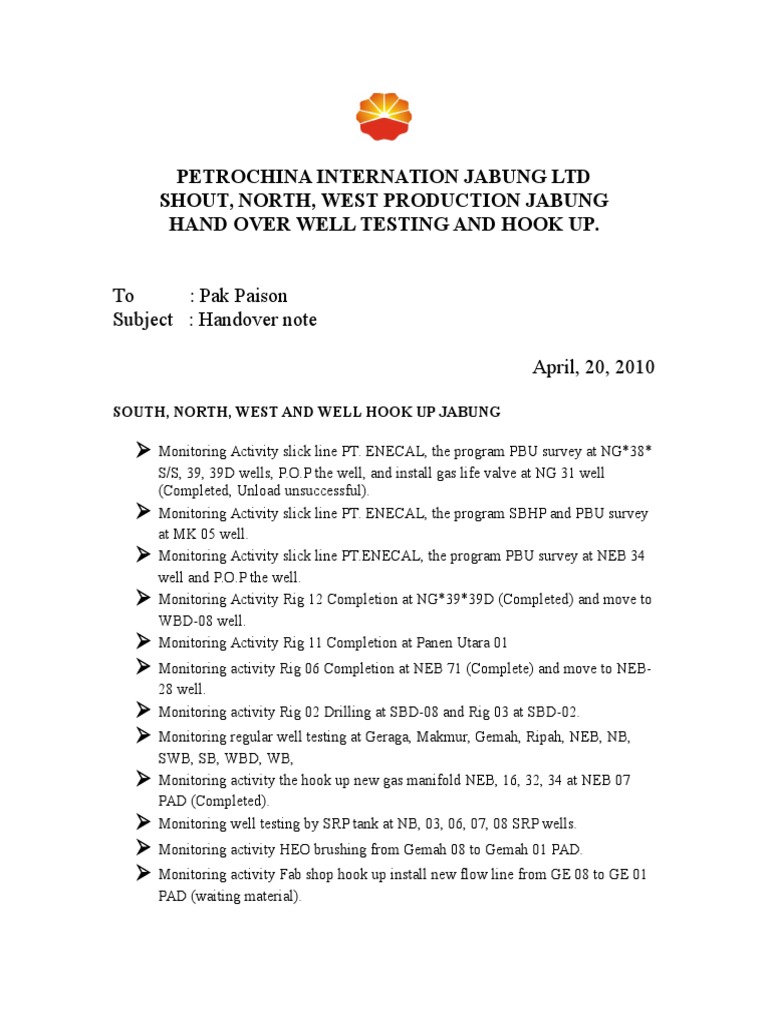 Handover Note Summarizing Well Testing, Completion, and Drilling ...