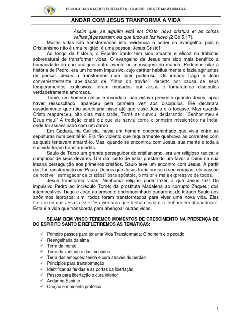 Apostila de Vida Transformada 2015 | PDF | Pecado | Jesus