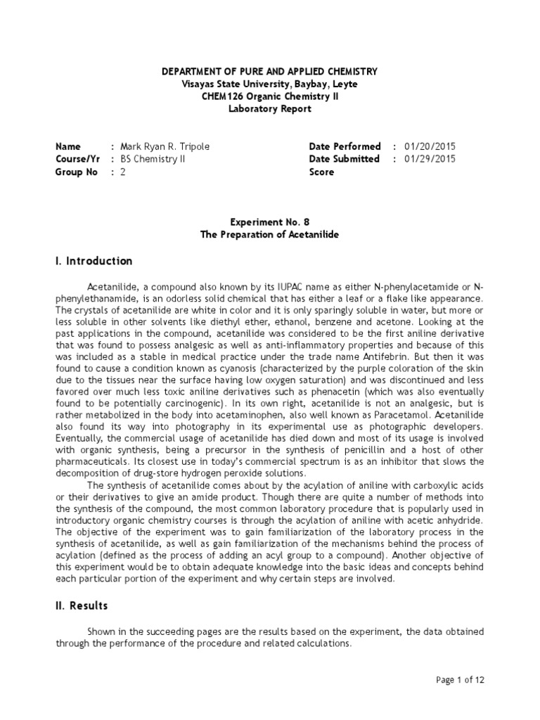 Preparation and Analysis of Acetanilide: A Laboratory Experiment in ...