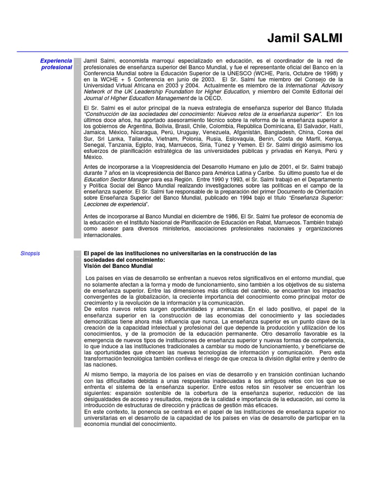 Jamil Salmi CV | PDF | Educación más alta | Banco Mundial