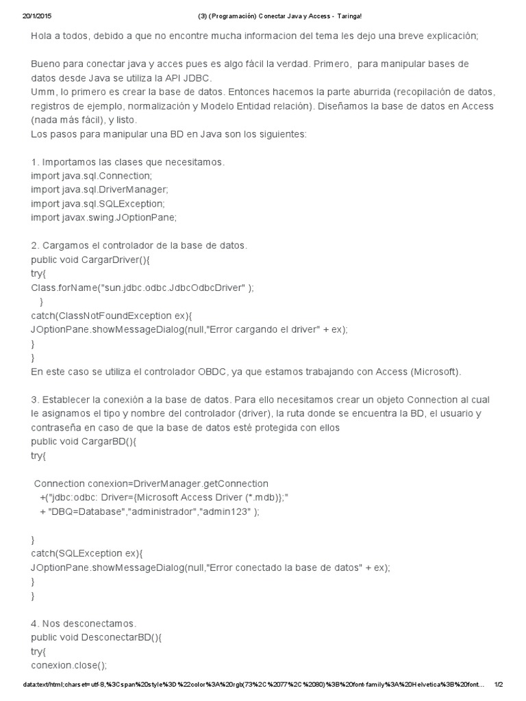 Conectar Java y Access con JDBC | PDF | Java (lenguaje de programación) | Bases de datos