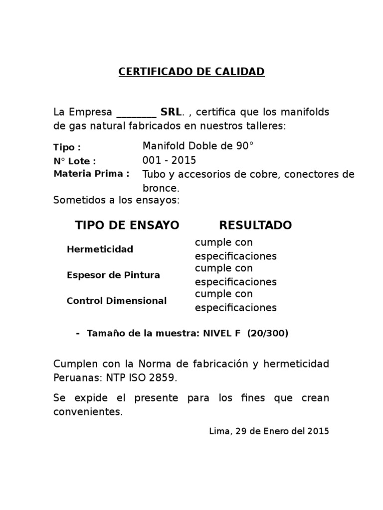 Ejemplo De Certificado De Calidad