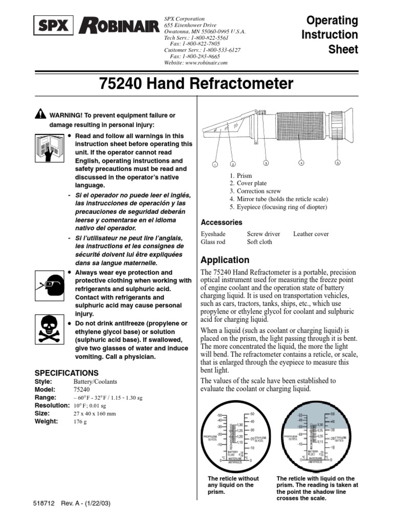 75240 Hand Refractometer Instructions | PDF | Equipment | Optics
