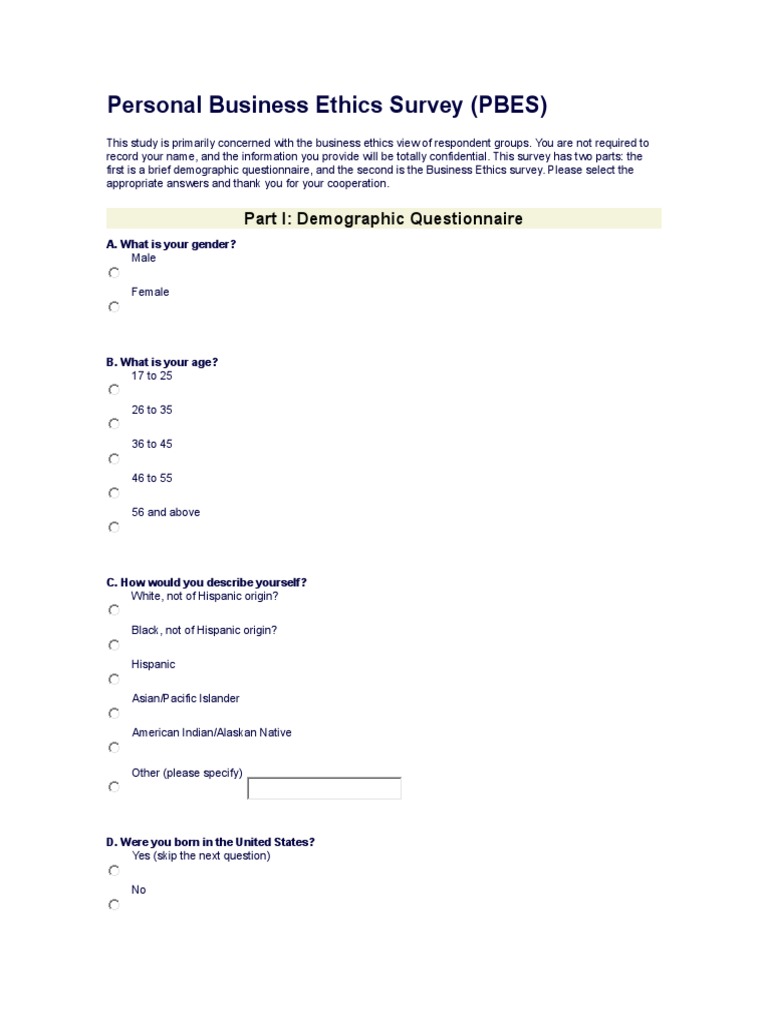 Personal Business Ethics Survey: Insights into Respondent Demographics ...