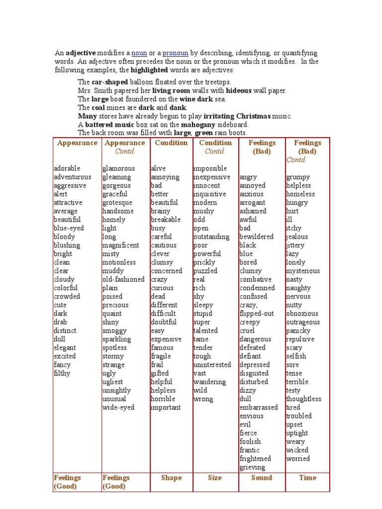 An Adjective Modifies A Noun or A Pronoun by Describing | PDF | Syntax ...