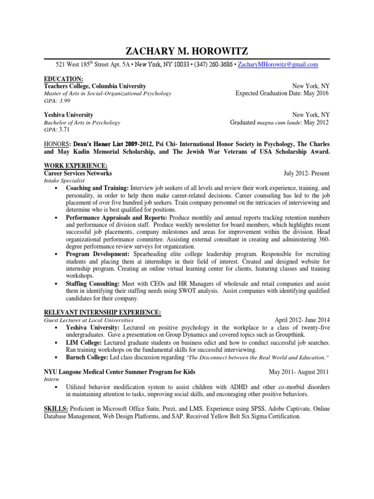 Zachary M Horowitz Resume PWC | PDF | Internship | Job Hunting