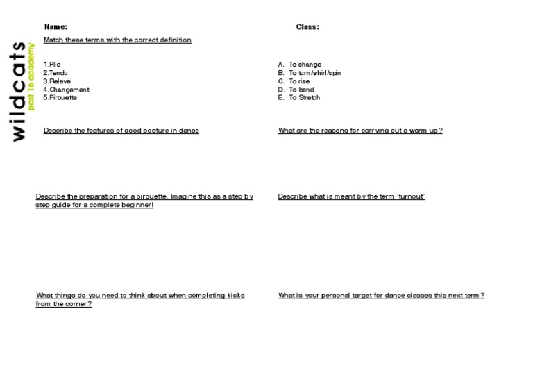 Dance Vocabulary and Techniques Worksheet | PDF