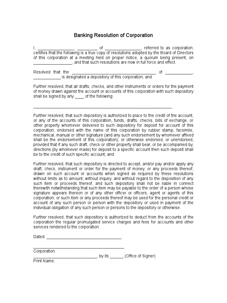 Banking Resolution of Corporation | PDF