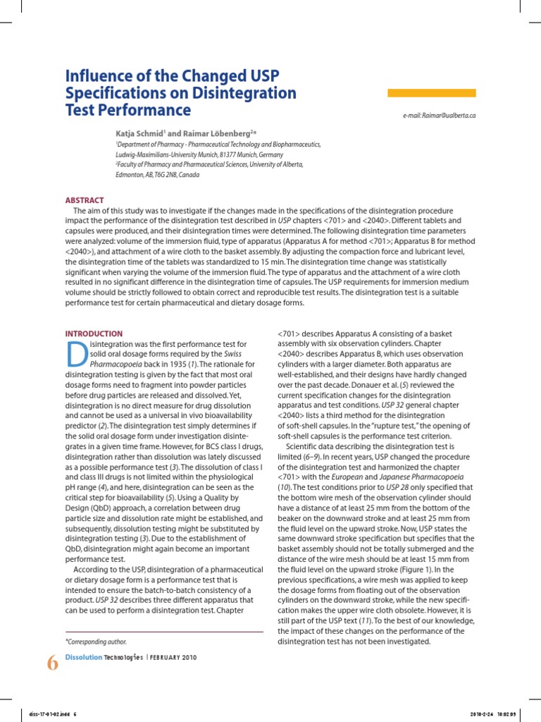 Influence of the Changed USP Specifications on Disintegration Test ...