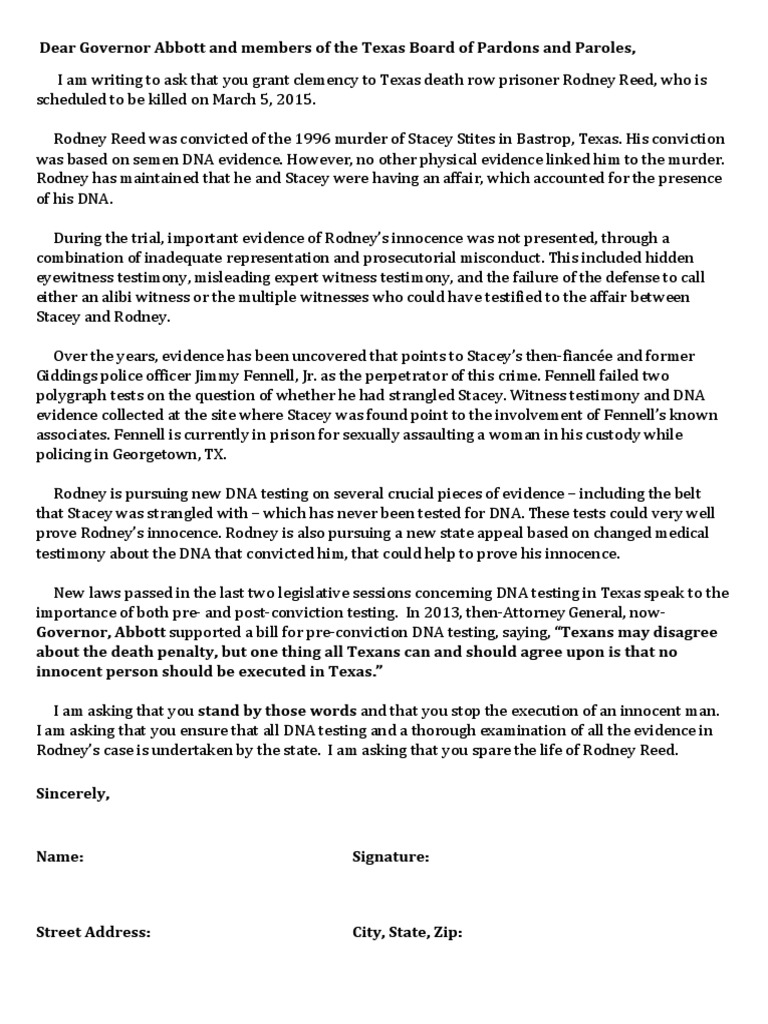 Rodney Reed Clemency Letter | PDF | Witness | Pardon