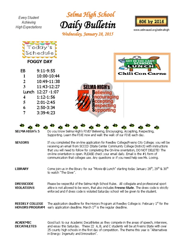 SHS Daily Bulletin 1-28-15 | PDF | Clothing | Further Education