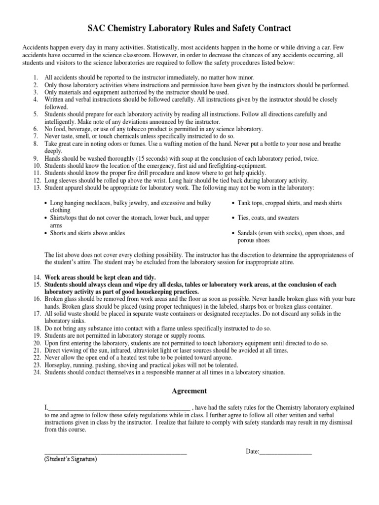 Lab Rules and Safety Contract | PDF | Laboratories | Odor