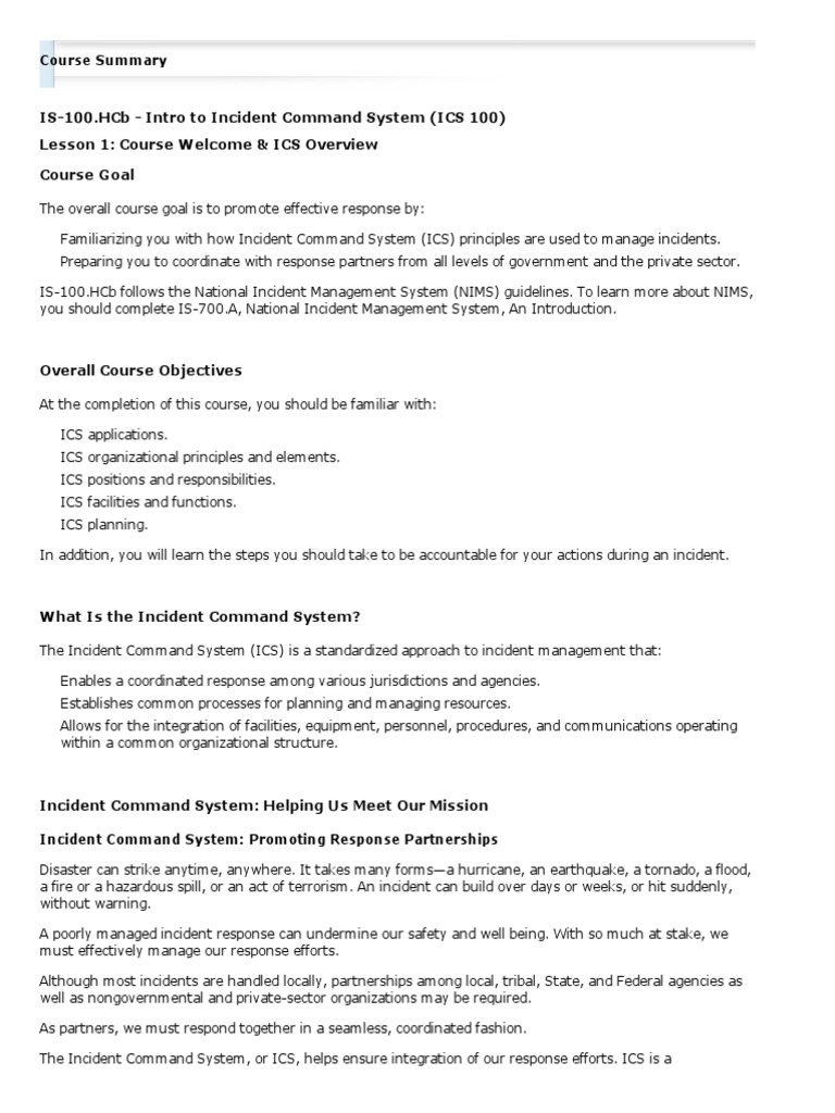 Is-100.Hcb ICS For Healthcare/hospitals Course Summary | PDF | Incident ...