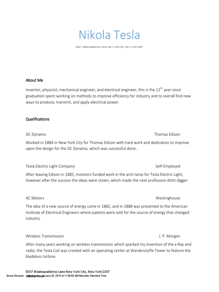 Nikola Tesla Resume | Nikola Tesla | Technology & Engineering