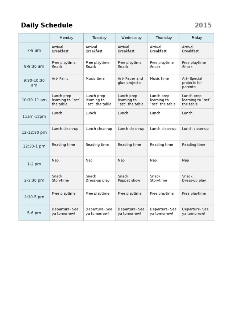 Weekly Daily Schedule for 2015 | PDF