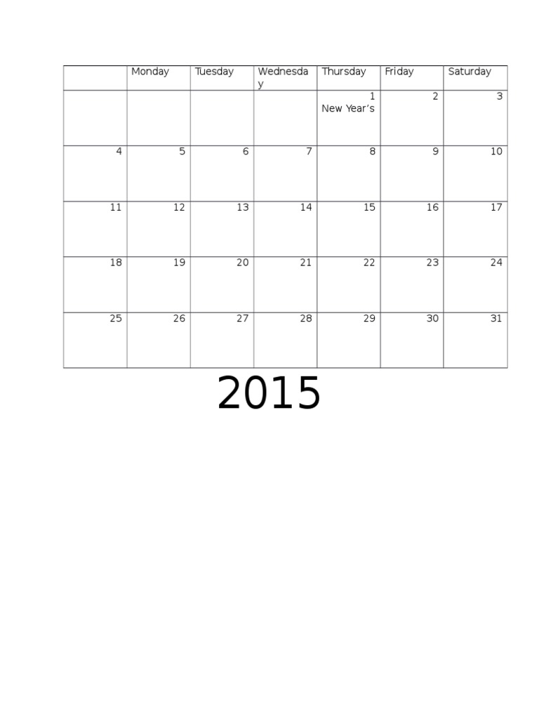 Monday Tuesday Wednesda y Thursday Friday Saturday 1 New Year's 2 3 | PDF
