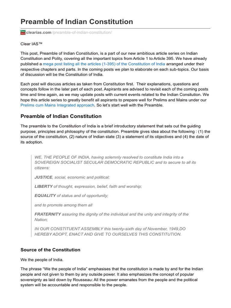 Preamble of Indian Constitution | PDF | Ethical Principles | Social Institutions