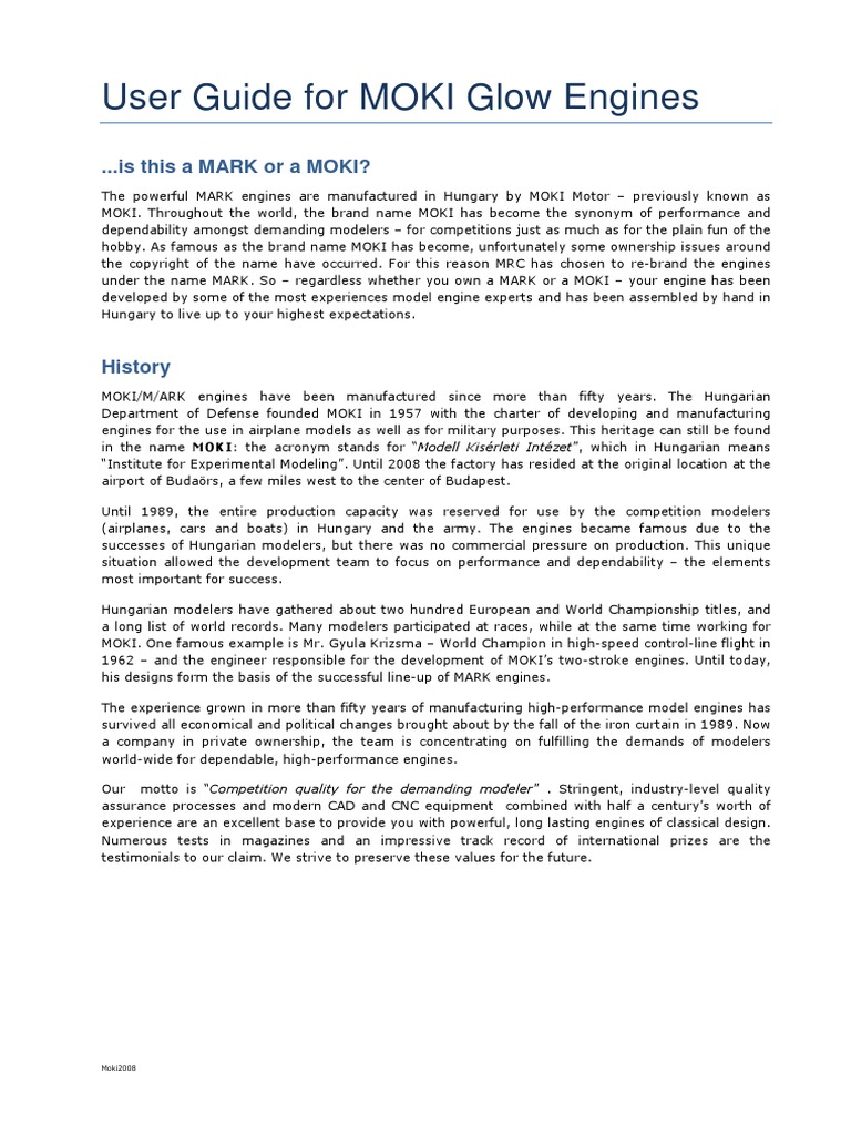 User Guide For MOKI Glow Engines | PDF | Carburetor | Throttle