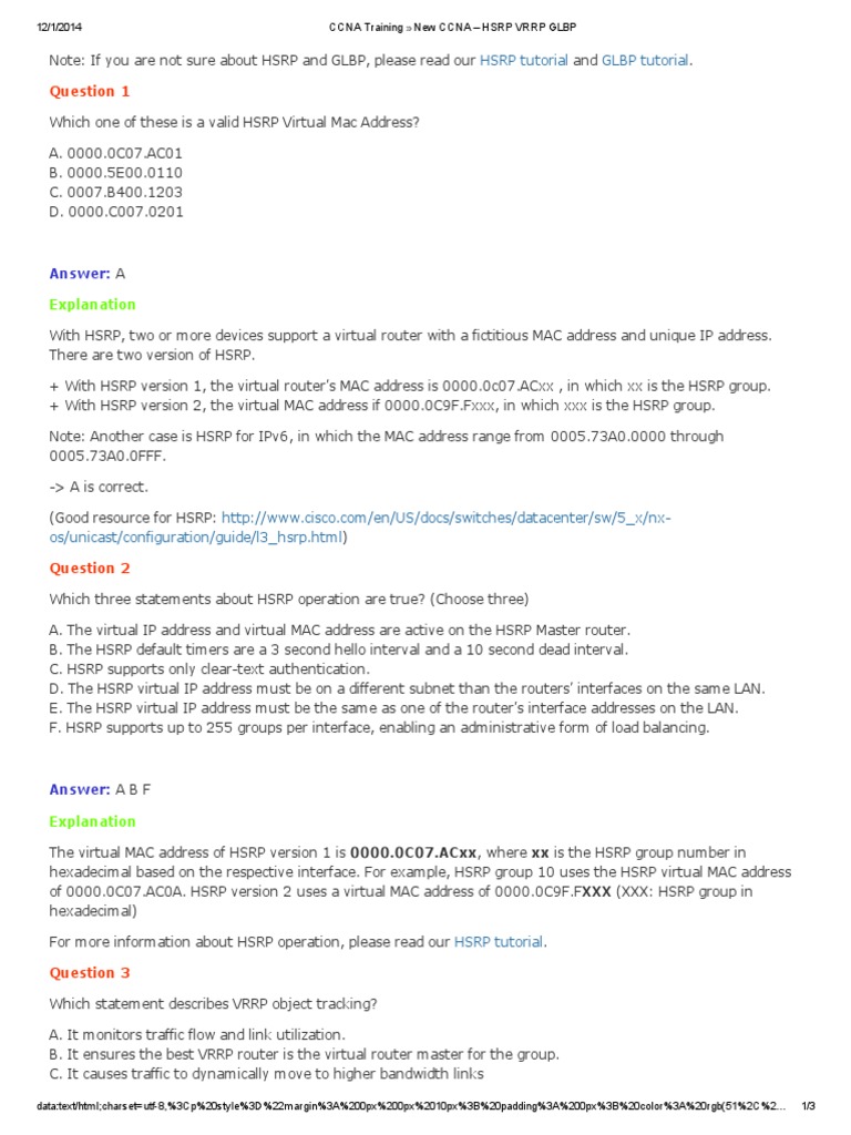 CCNA HSRP VRRP GLBP Exam Guide | PDF | Internet Protocols | Computer Architecture