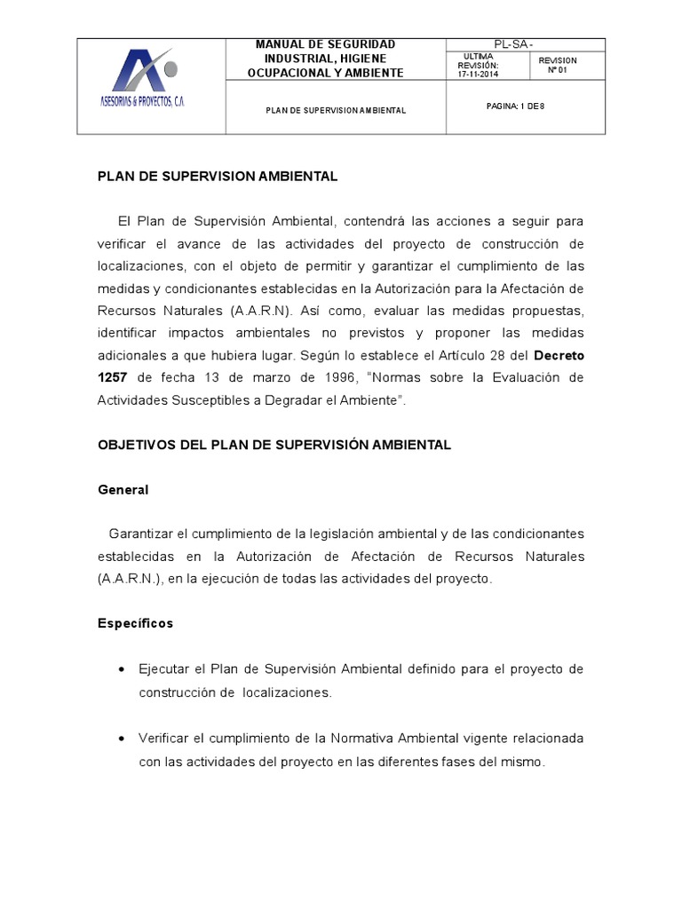 Plan de Supervision Ambiental | PDF | Contaminación | Los bosques