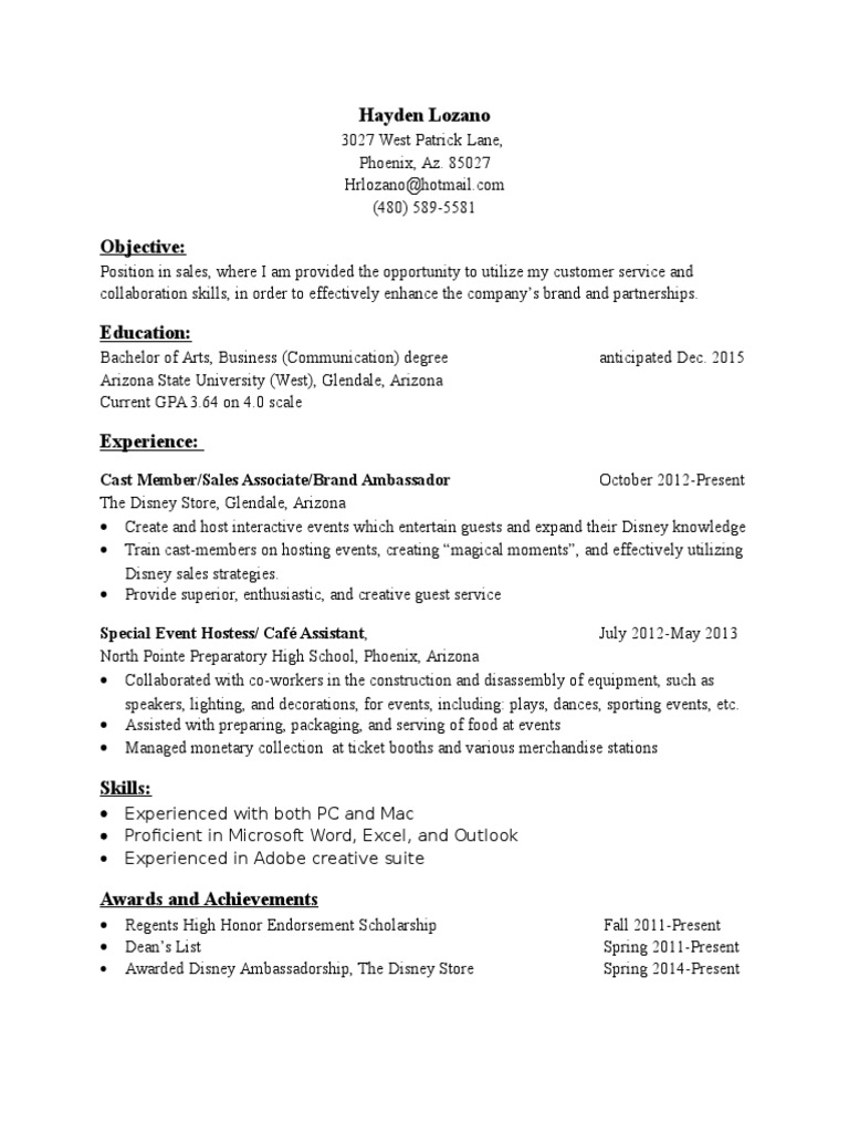 Disney Youth Program Resume | PDF | Career & Growth