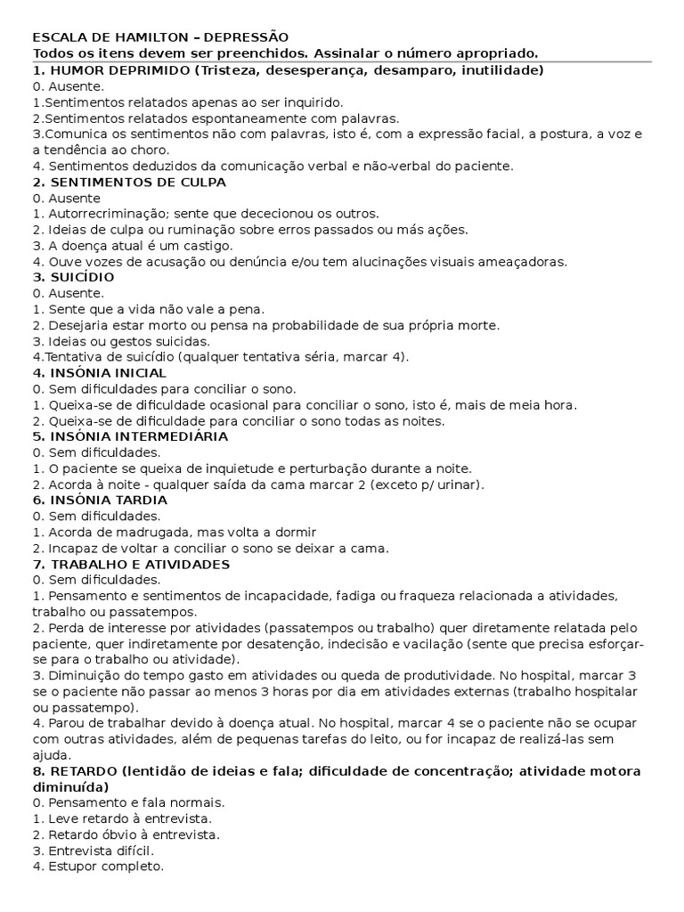 Escala de Hamilton | PDF | Depressão | Psicologia Anormal