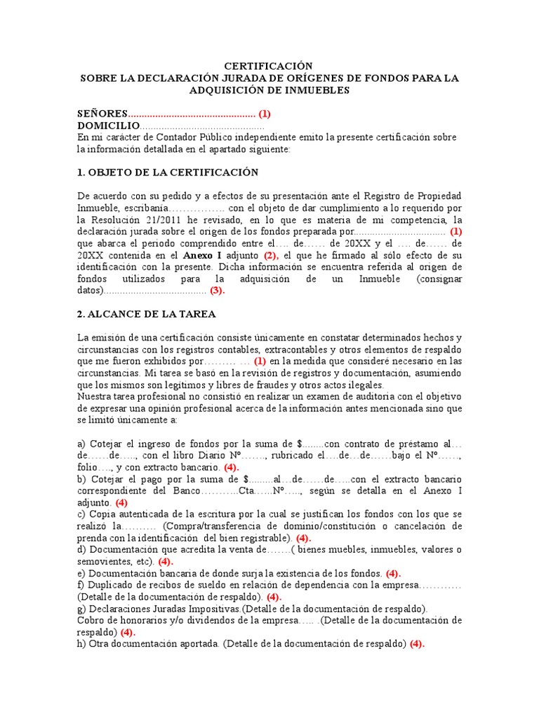 Certificación de Origen de Fondos Inmobiliarios | PDF | Contabilidad ...