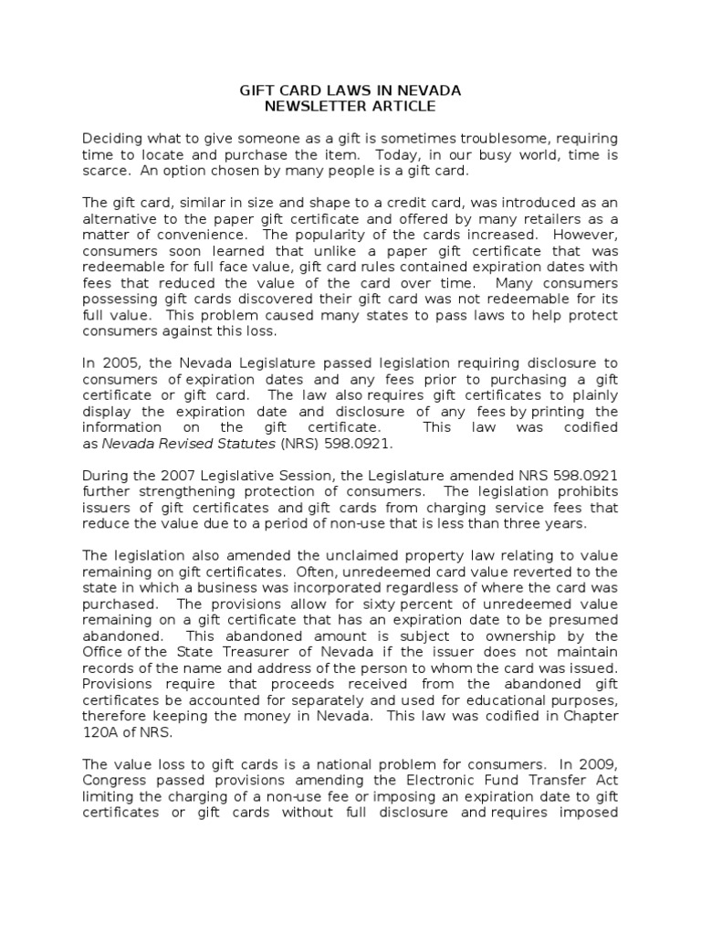 Gift Card Laws in NV | PDF | Gift Card | Credit Card