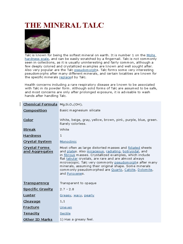 The Mineral Talc: Mohs Hardness Scale | PDF