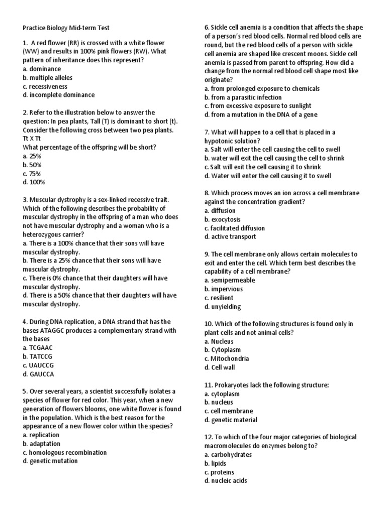 Practice Biology Mid-Term Test | PDF | Ploidy | Cell (Biology)