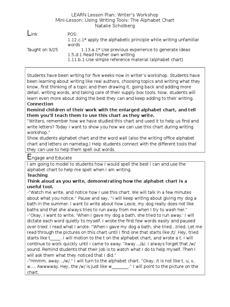 Writer's Workshop: Using Alphabet Charts | PDF | Lesson Plan | Learning