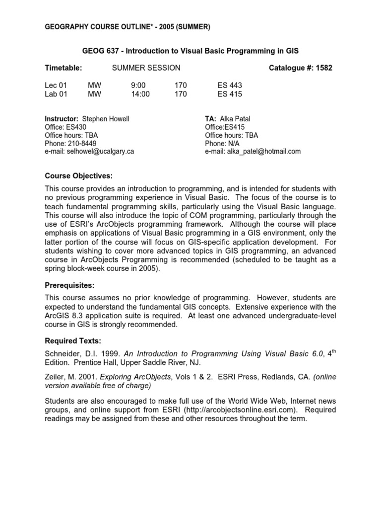 GEOG 637 - Introduction To Visual Basic Programming in GIS Timetable ...
