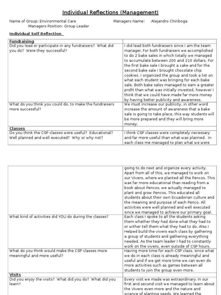 Individual Reflections (Management) : Individual Self Reflection ...