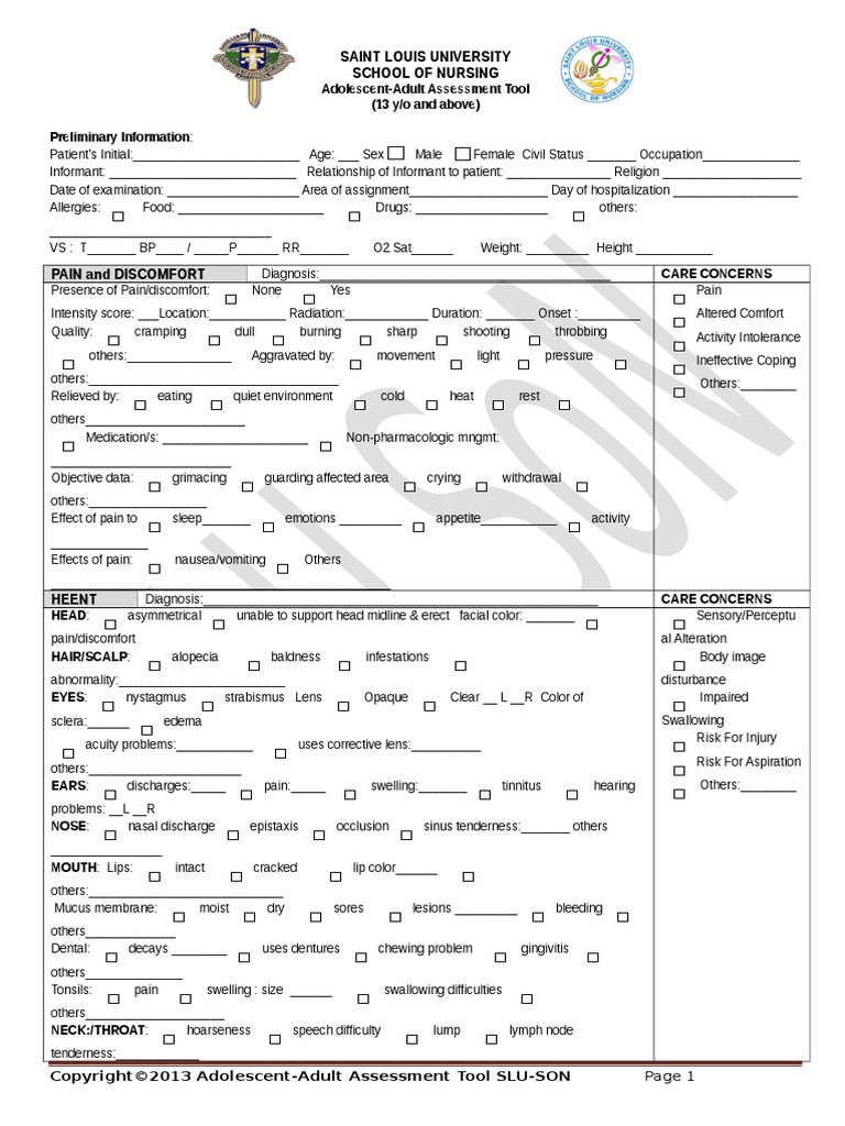 Adult Assessment Tool 2014 | PDF | Pain | Diseases And Disorders
