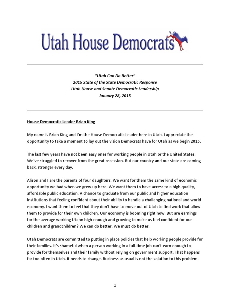 Utah Democrats Respond To 2015 State of The State | PDF | Democratic ...