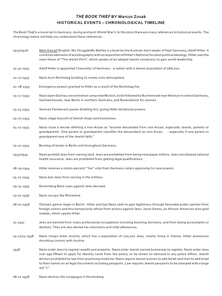 The Book Thief Historical Timeline | PDF | Nazi Germany | Adolf Hitler